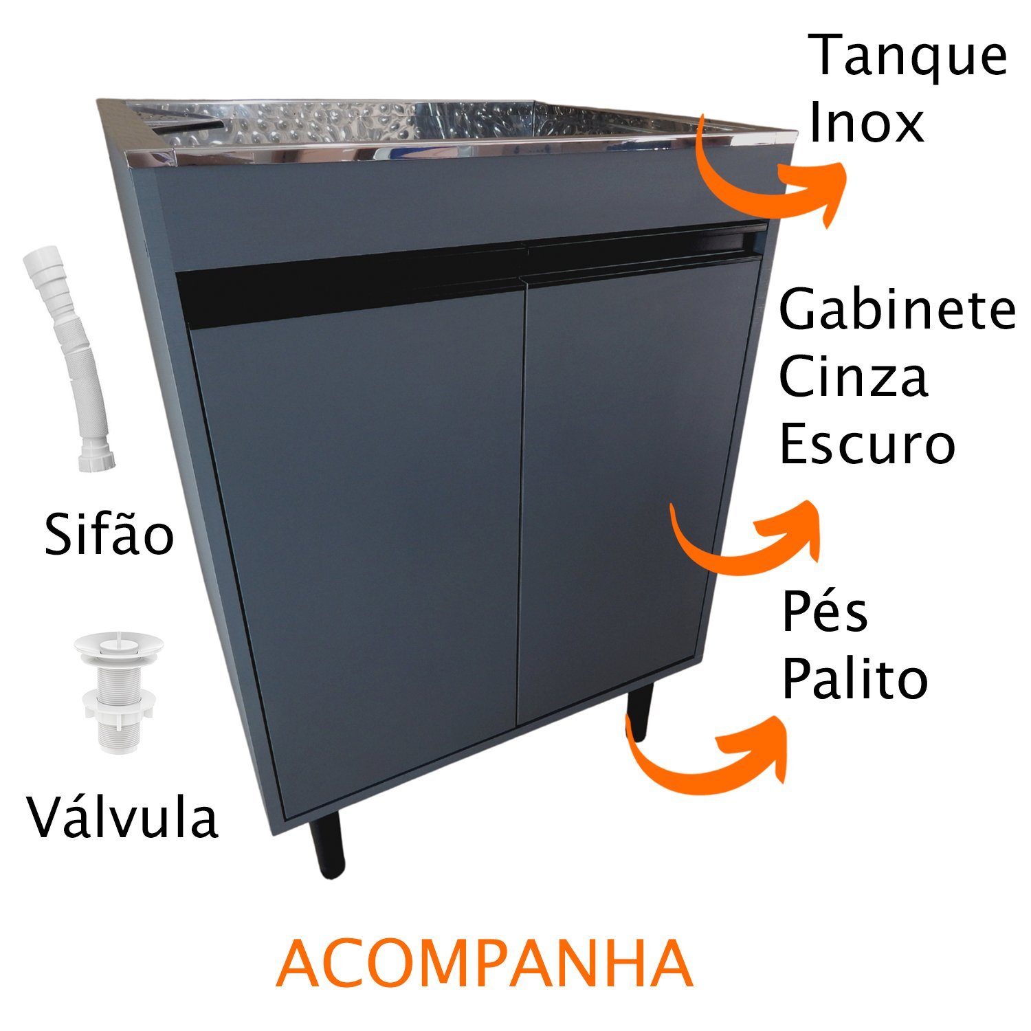 Tanque De Lavar Roupa Inox 46L Com Gabinete 2 Portas Grafite ...