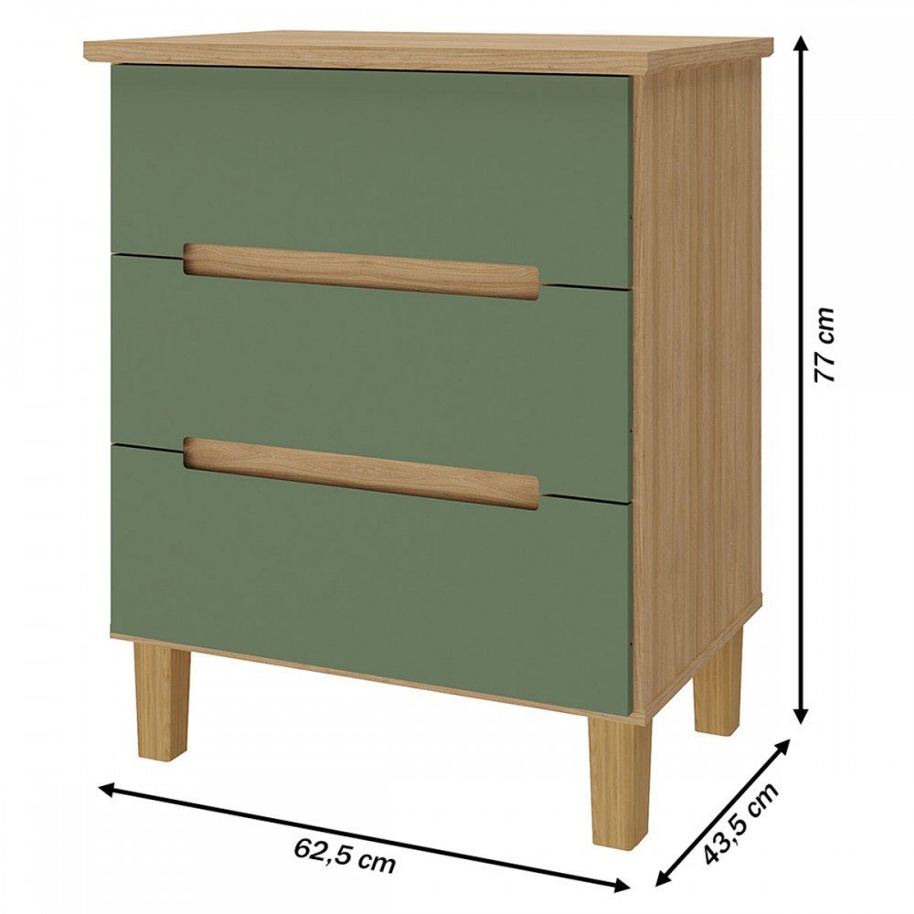 Mesa de Cabeceira Logan 3 Gavetas Olmo Italiano/Verde - Mambel ...
