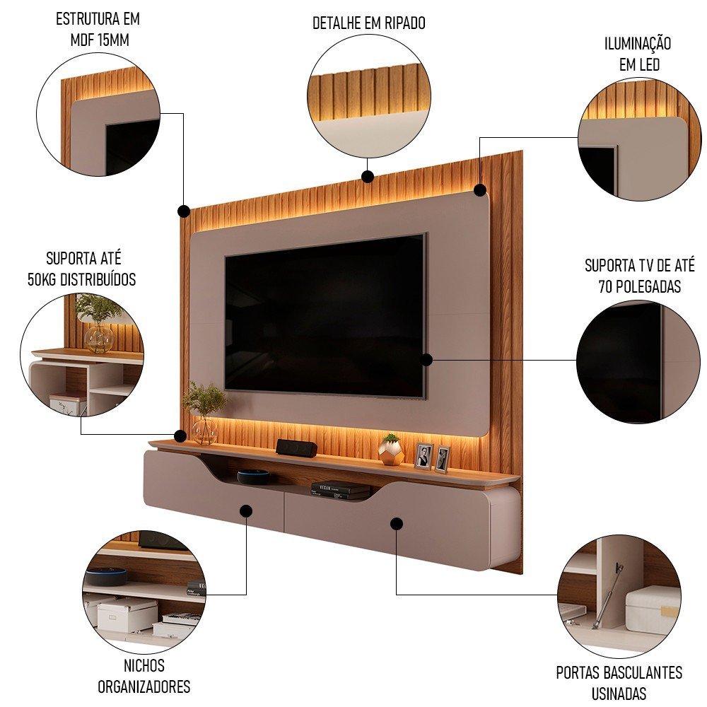 Painel Ripado para Tv 70 Pol com Bancada Suspensa 210cm Trevis D04 Griz ...