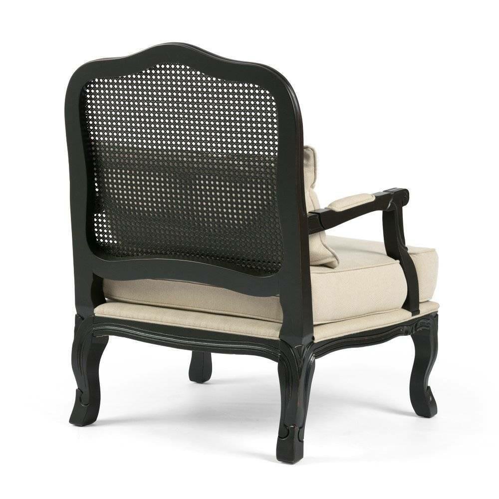 Poltrona de Madeira Entalhada Preta Luis XV Medalhão Tecido Linho Claro ...