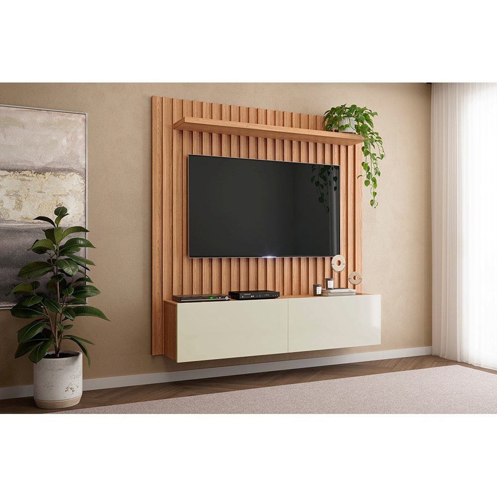 Painel Para TV Suspenso Ripado 178cm 2 Portas Basc. e Led PDL Freijó e ...