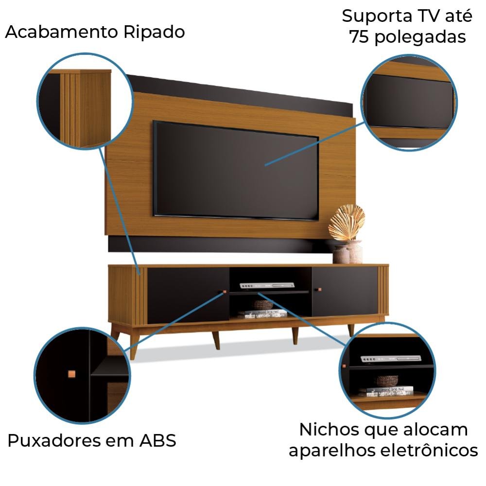 Rack Bancada com Painel para Tv de até 75 Polegadas 2,00m Legacy Cedro/preto | MadeiraMadeira