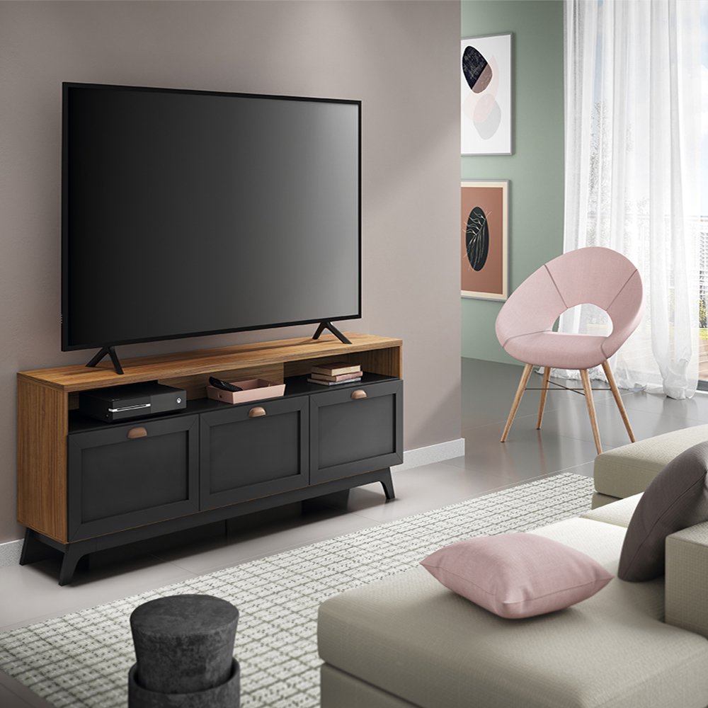 Bancada Rack Mônaco para TVs até 70 Polegadas Sala de Estar Noce Milano / Preto Fosco ...