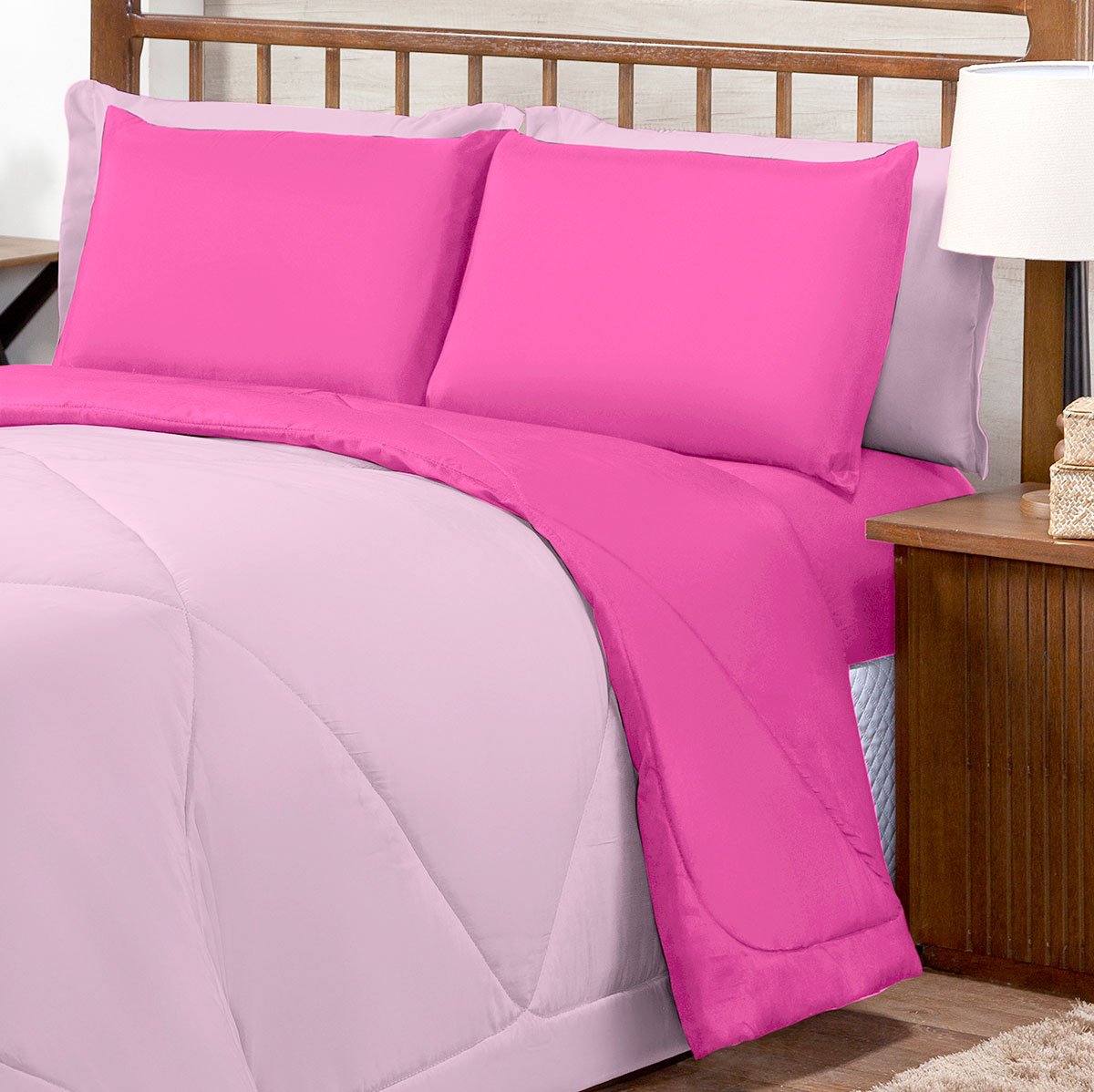 Kit Edredom Pink / Rosa Casal Padrão Dupla Face Ternura 6 Peças ...