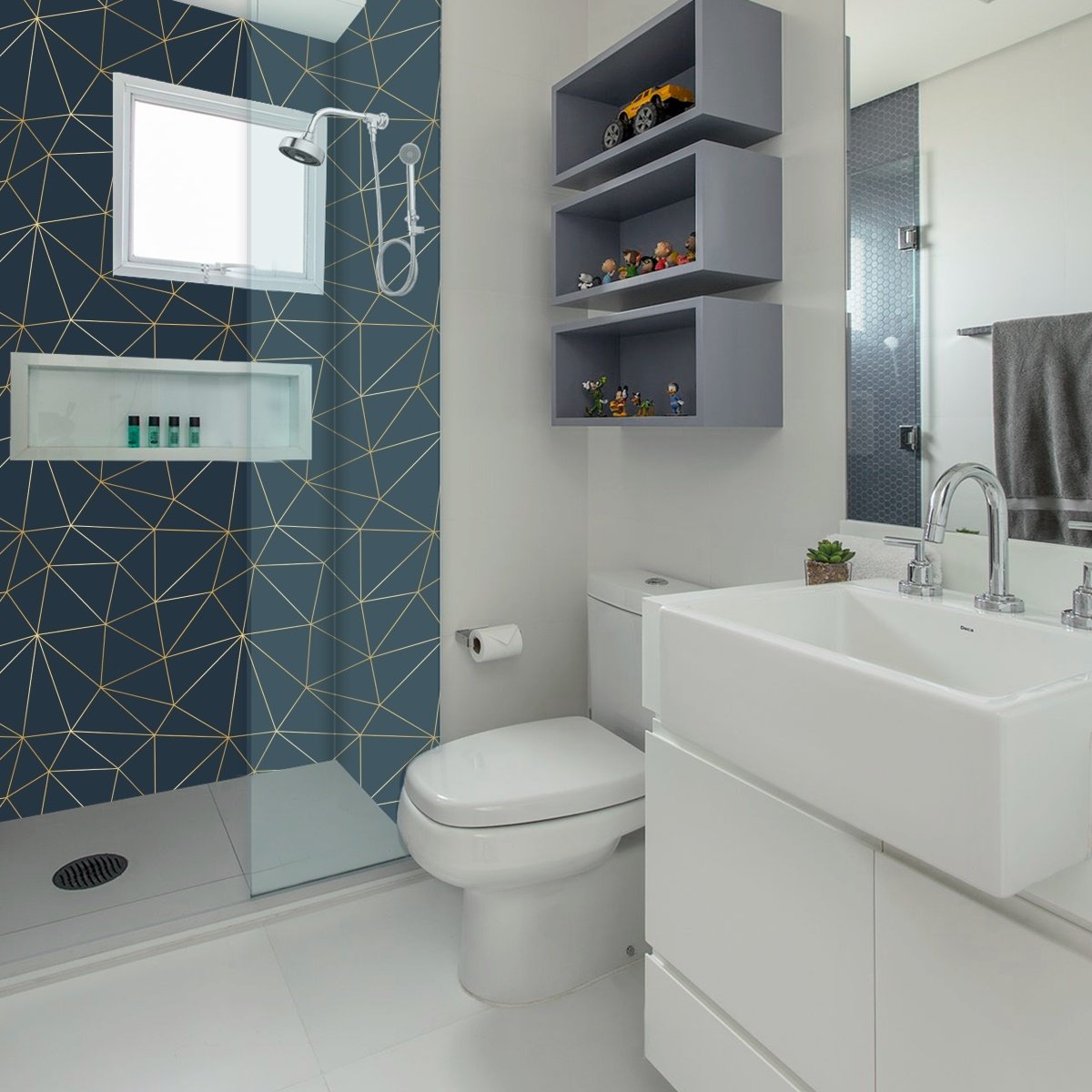 Papel de Parede Vinilico Triangular Azul Oxford Dourado 18m ...