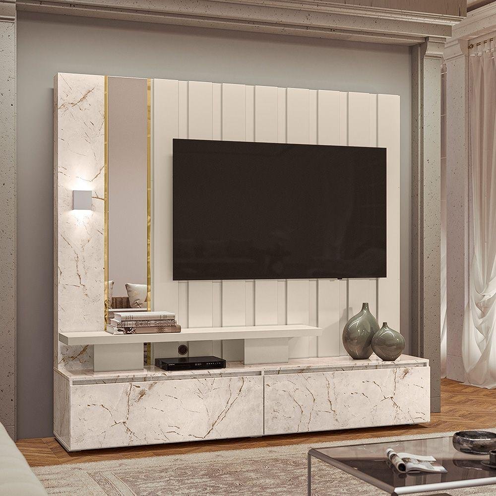 Estante Home Teather Zeus Tv 65'' Com Led Calacata/Off White | MadeiraMadeira