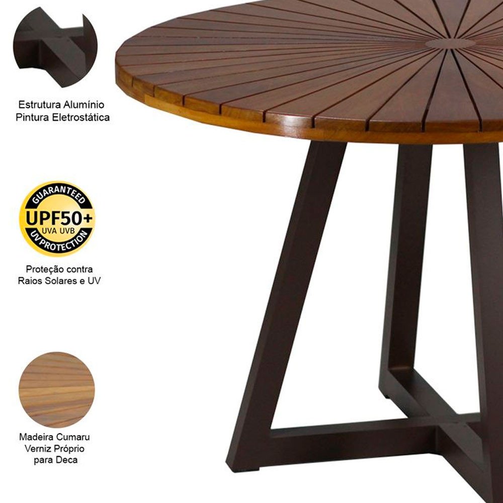 Mesa Bali 1,20m Redonda com Tampo de Madeira em Alumínio para Edícula, Varanda, Piscina e Jardim ...