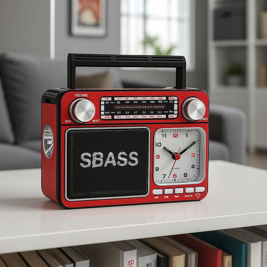 Rádio Portátil Recarregável Bluetooth Sbass com Relógio, Usb, Tf e Am ...