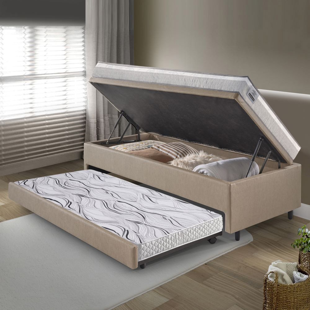 Bicama Box Baú Solteiro Courino Linho Bege 88x188 com Colchão Hanover ...