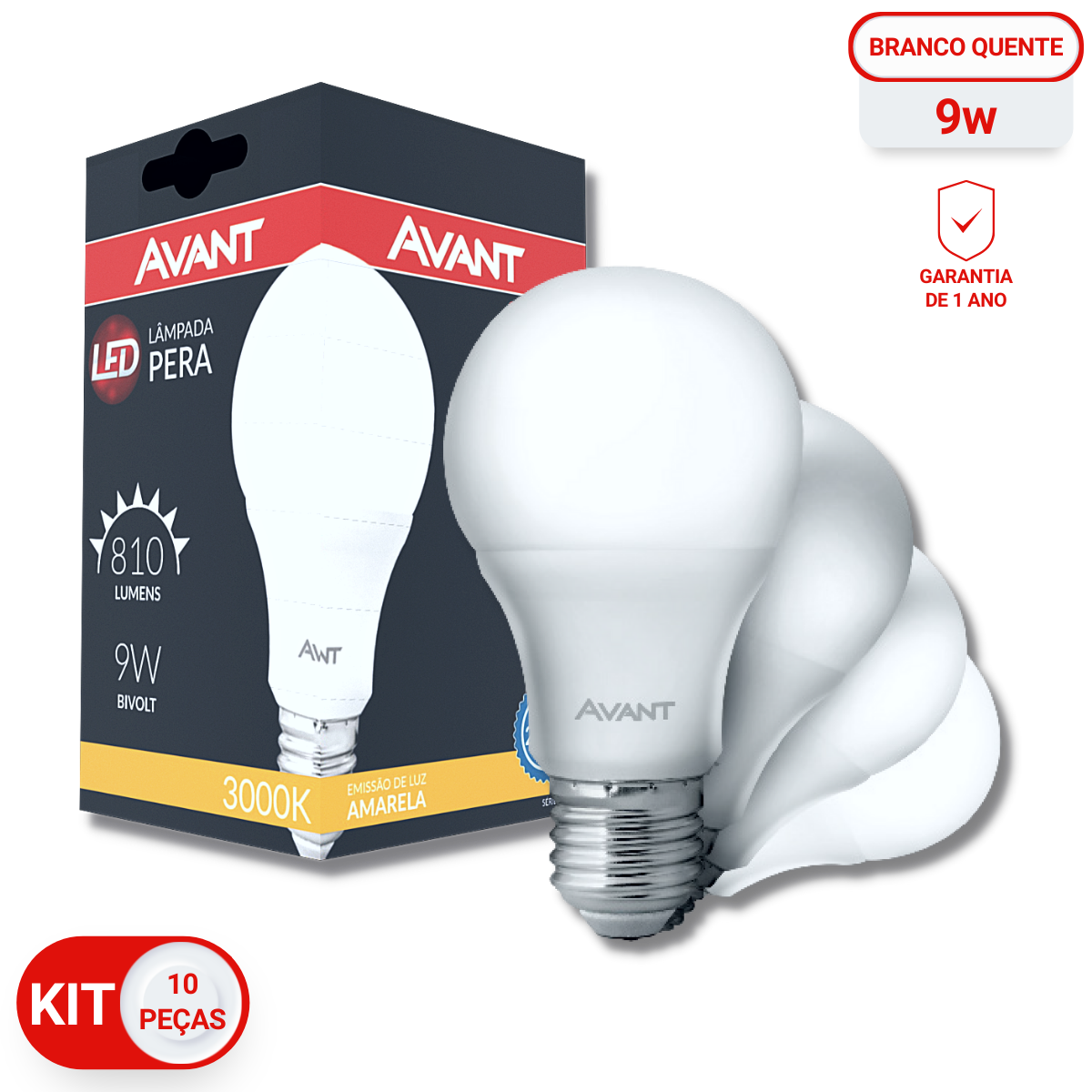 Kit 10 Lampada Led 9w Bulbo E27 3000k Branco Quente Avant - Branco-Quente - 110V/220V ...