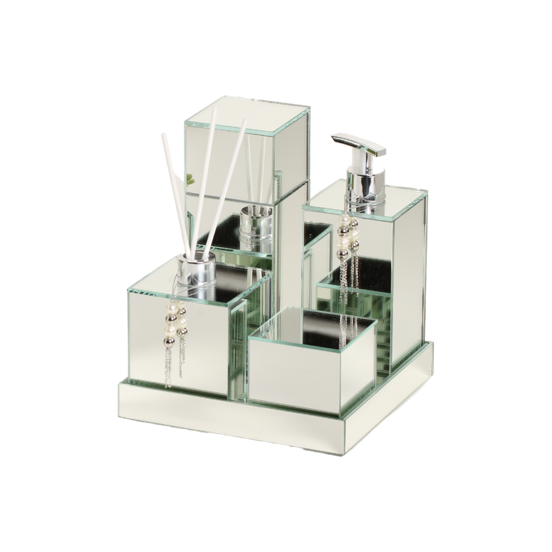 KIT LAVABO BANHEIRO LUXO VIDRO 5 PEÇAS: ESPELHO PRATA | MadeiraMadeira