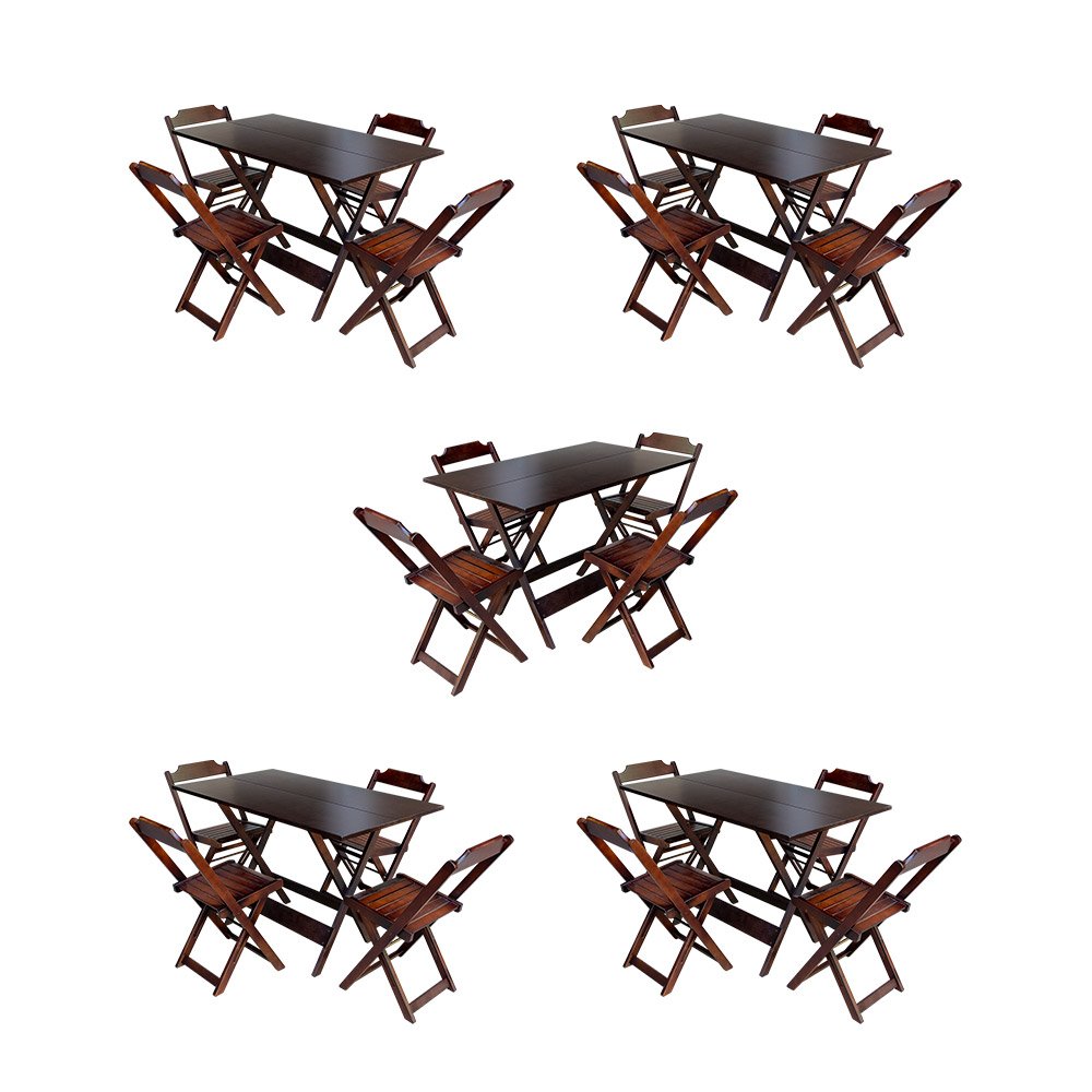 Kit 5 Jogos de Mesa Dobravel com 4 Cadeiras de Madeira 120x70 para Restaurante e Bar - Imbuia ...