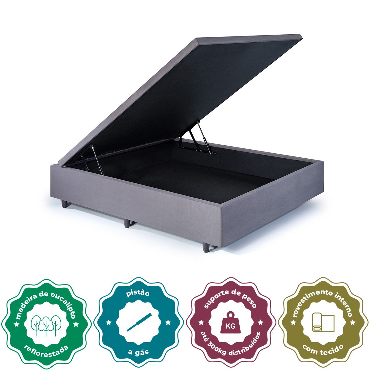 Base Box Casal com Baú 138x188x42cm com Pistão a Gás Suede | MadeiraMadeira