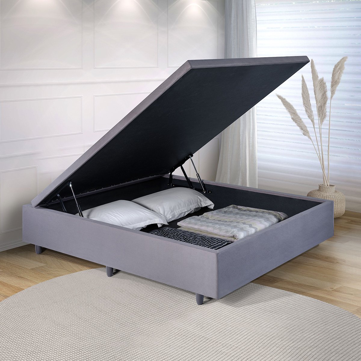 Base Box Casal com Baú 138x188x42cm com Pistão a Gás Suede | MadeiraMadeira