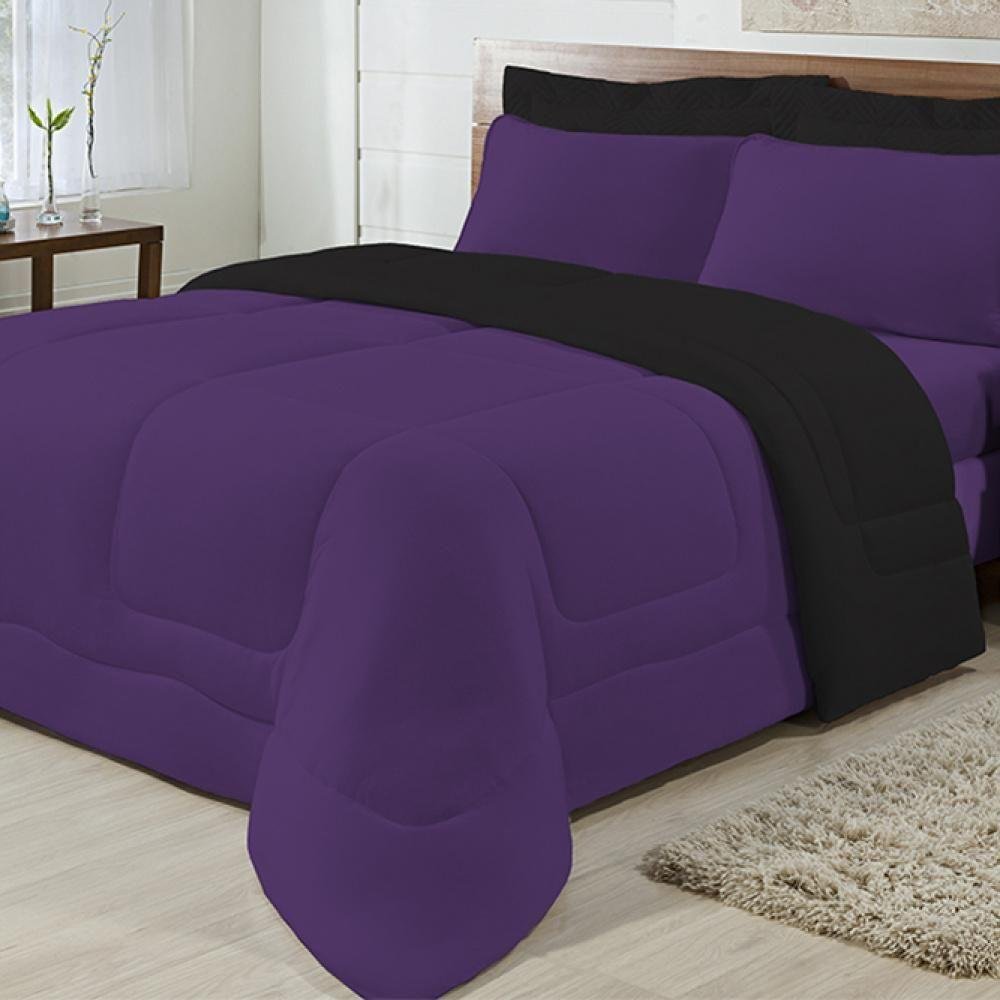 Kit 4 Peças Edredom Casal 100% Algodão Roxo com Preto | MadeiraMadeira