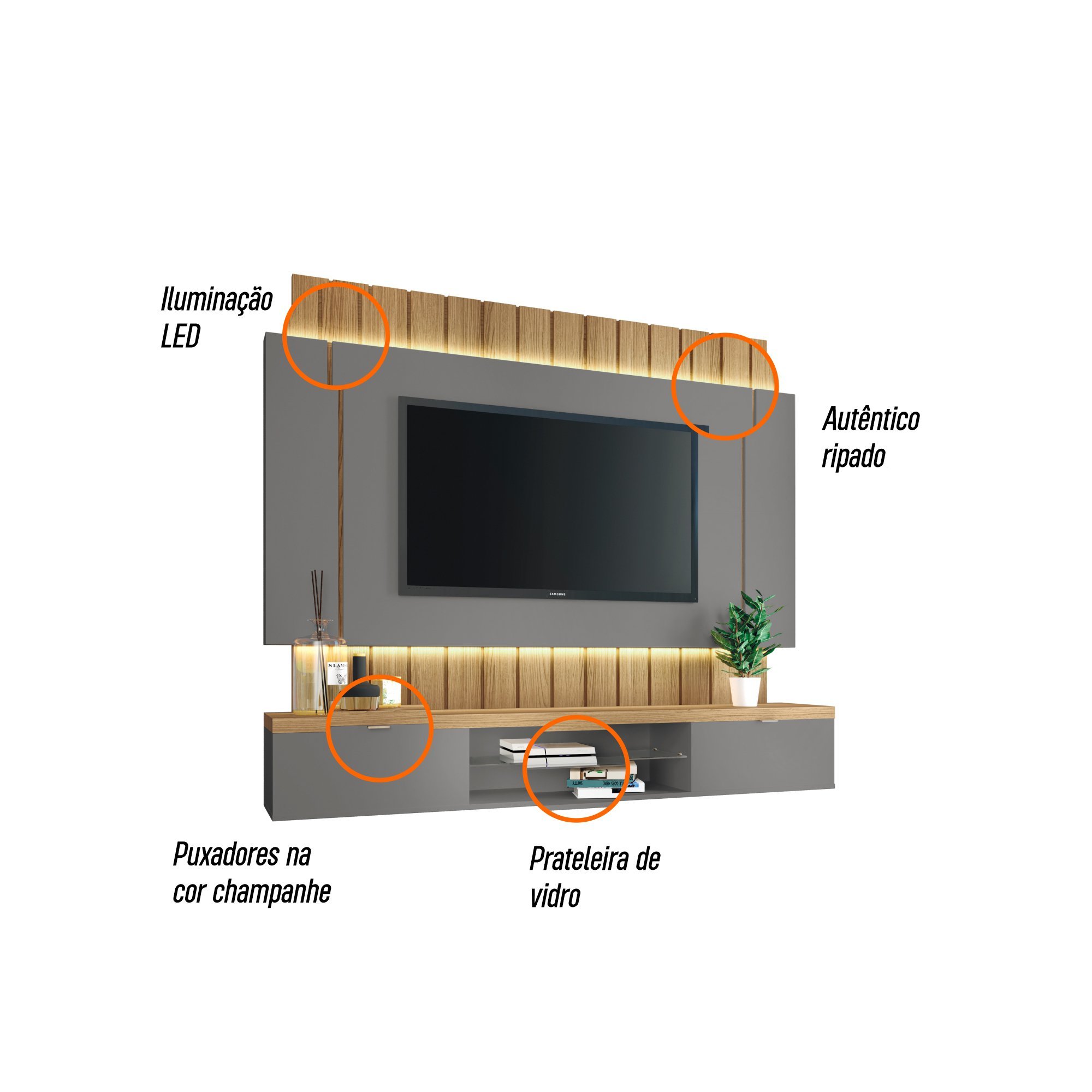Painel Suspenso 1,80 Ilusion com Led para TV 55" Cor Cinza e Freijó HB Móveis | MadeiraMadeira