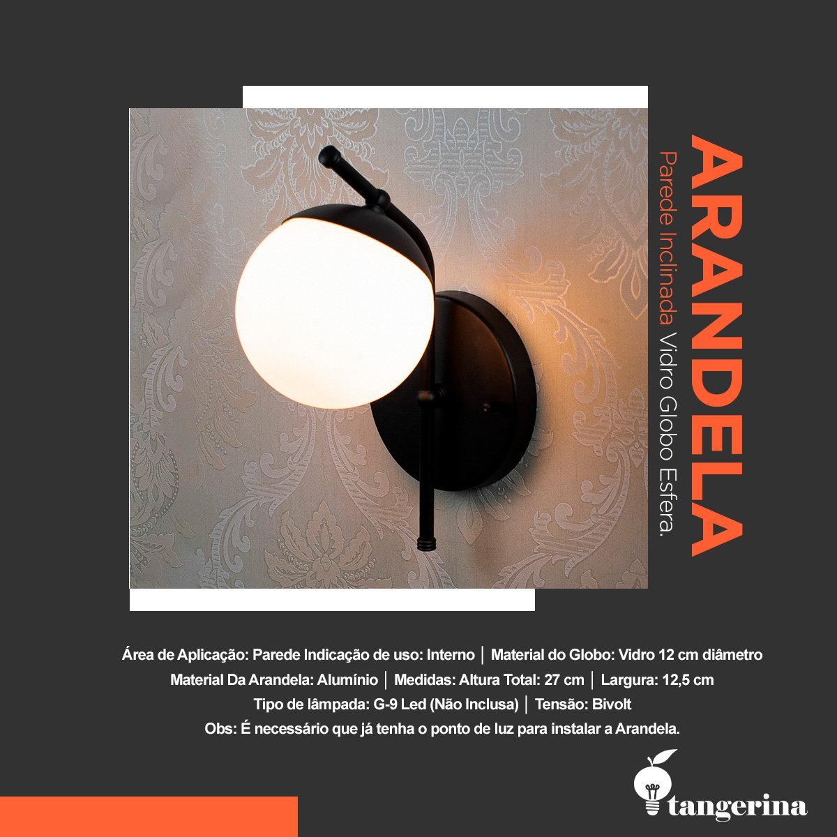 Kit 2 Arandela Parede Inclinada Preto Vidro Globo/esfera | MadeiraMadeira