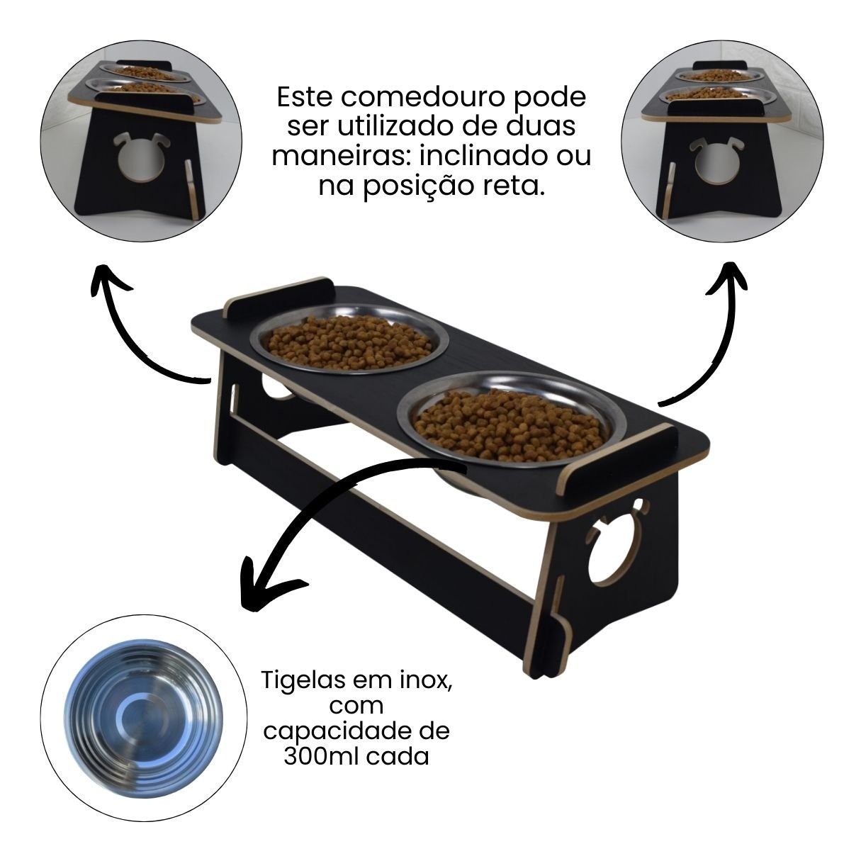 Comedouro Cachorro Elevado Duplo Pet Tigela Ração Inox Saudável - Preto ...