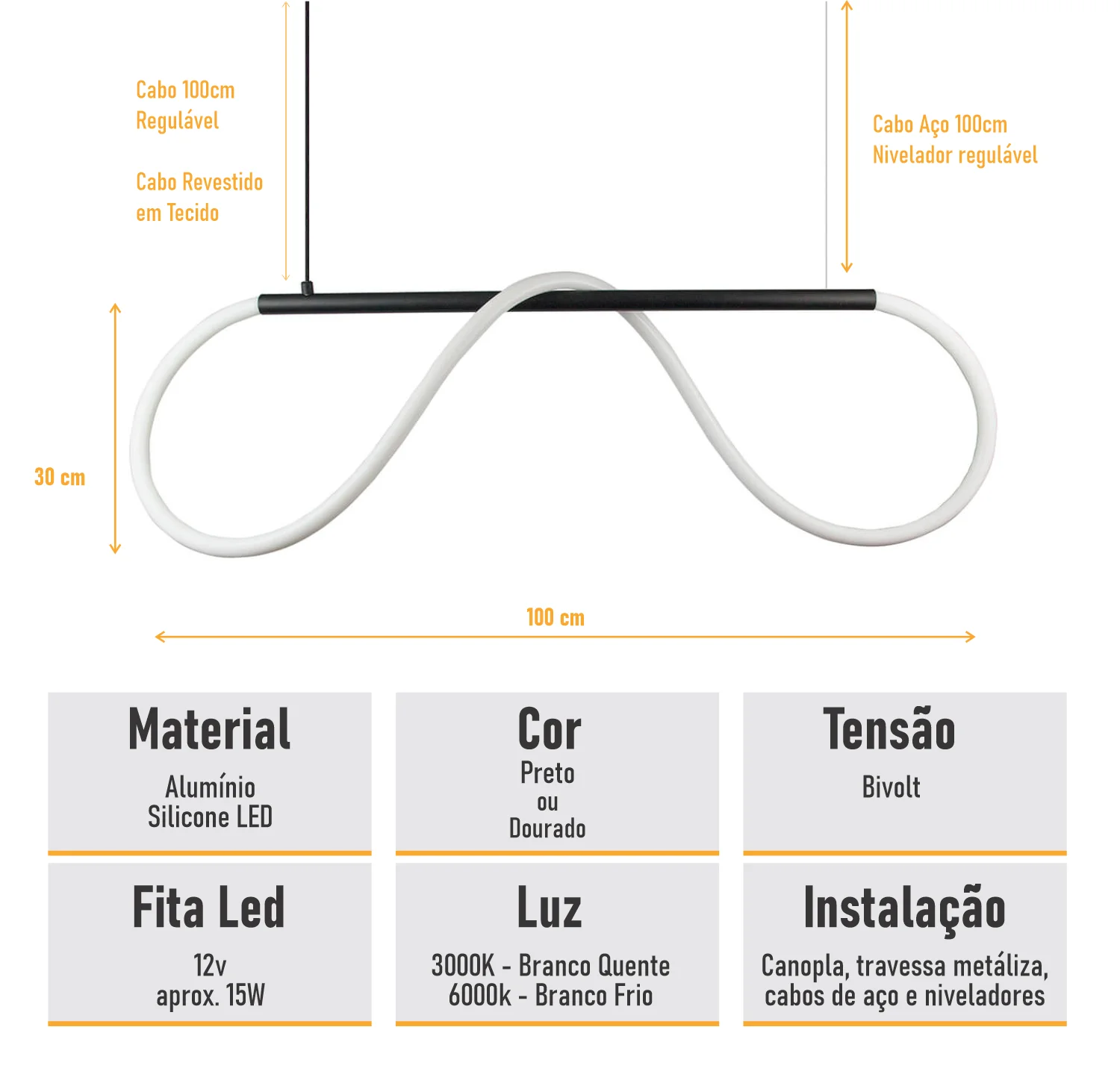 Lustre Design Moderno Rope 38w - Silicon Led 6000k - Preto | MadeiraMadeira