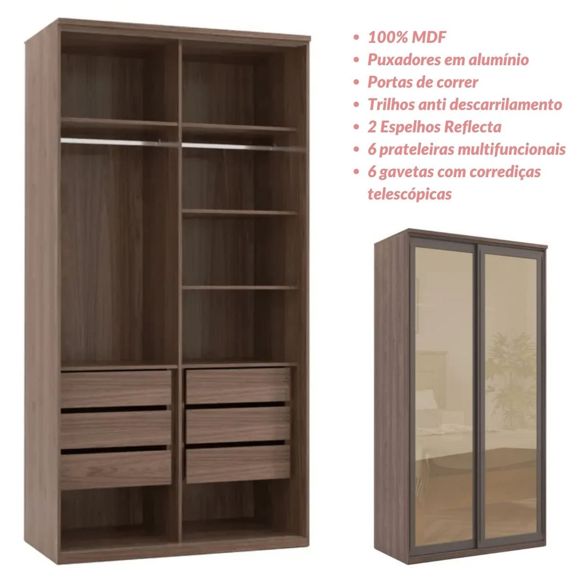 Guarda Roupa Casal Modulado Com 2 Espelhos Reflecta 2 Portas de Correr ...