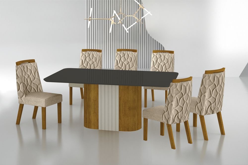 Conjunto Sala de Jantar Mesa com Vidro 180cm com 6 Cadeiras Pé Madeira ...