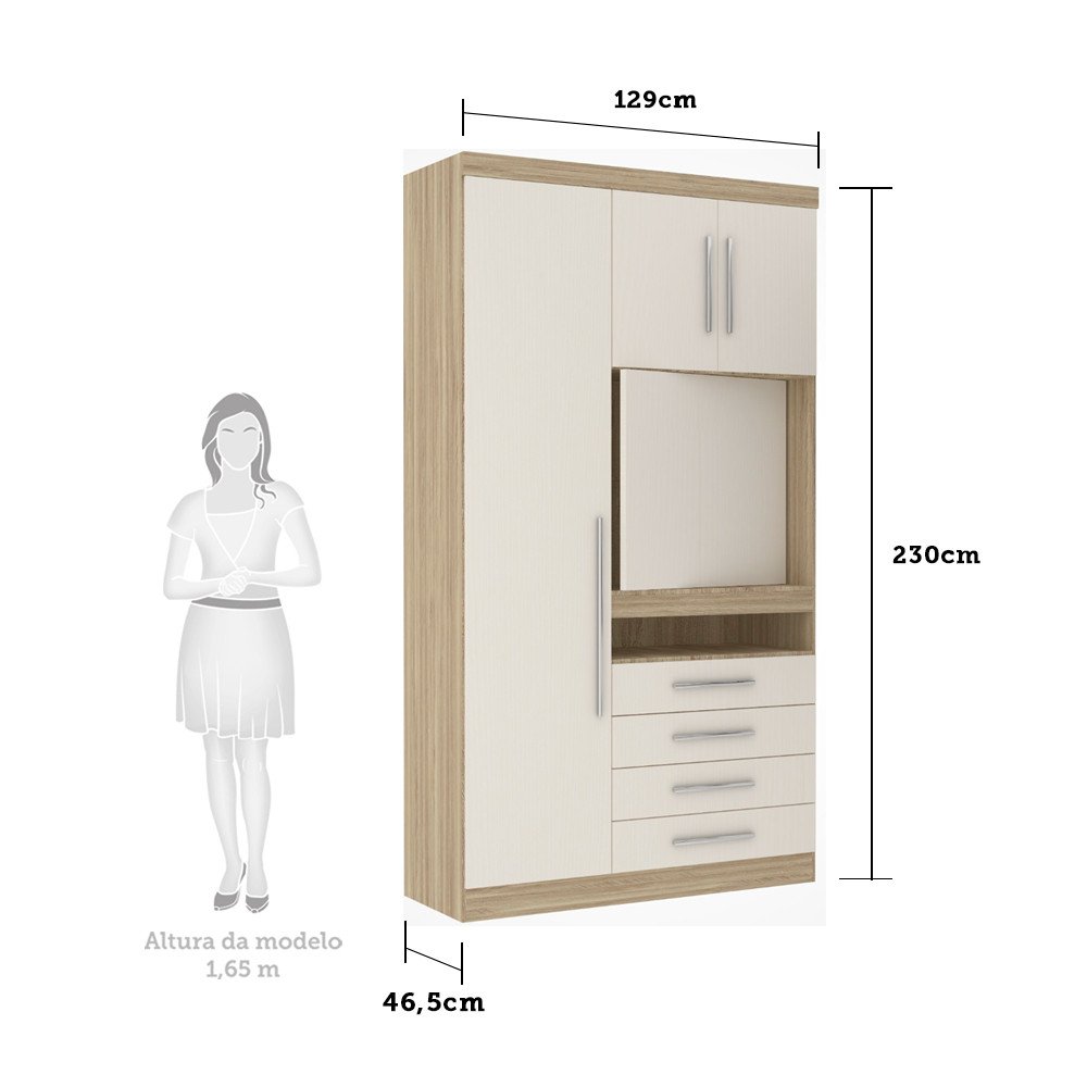 Guarda Roupa Solteiro 3 Portas 4 Gavetas com Painel Giratório para TV ...