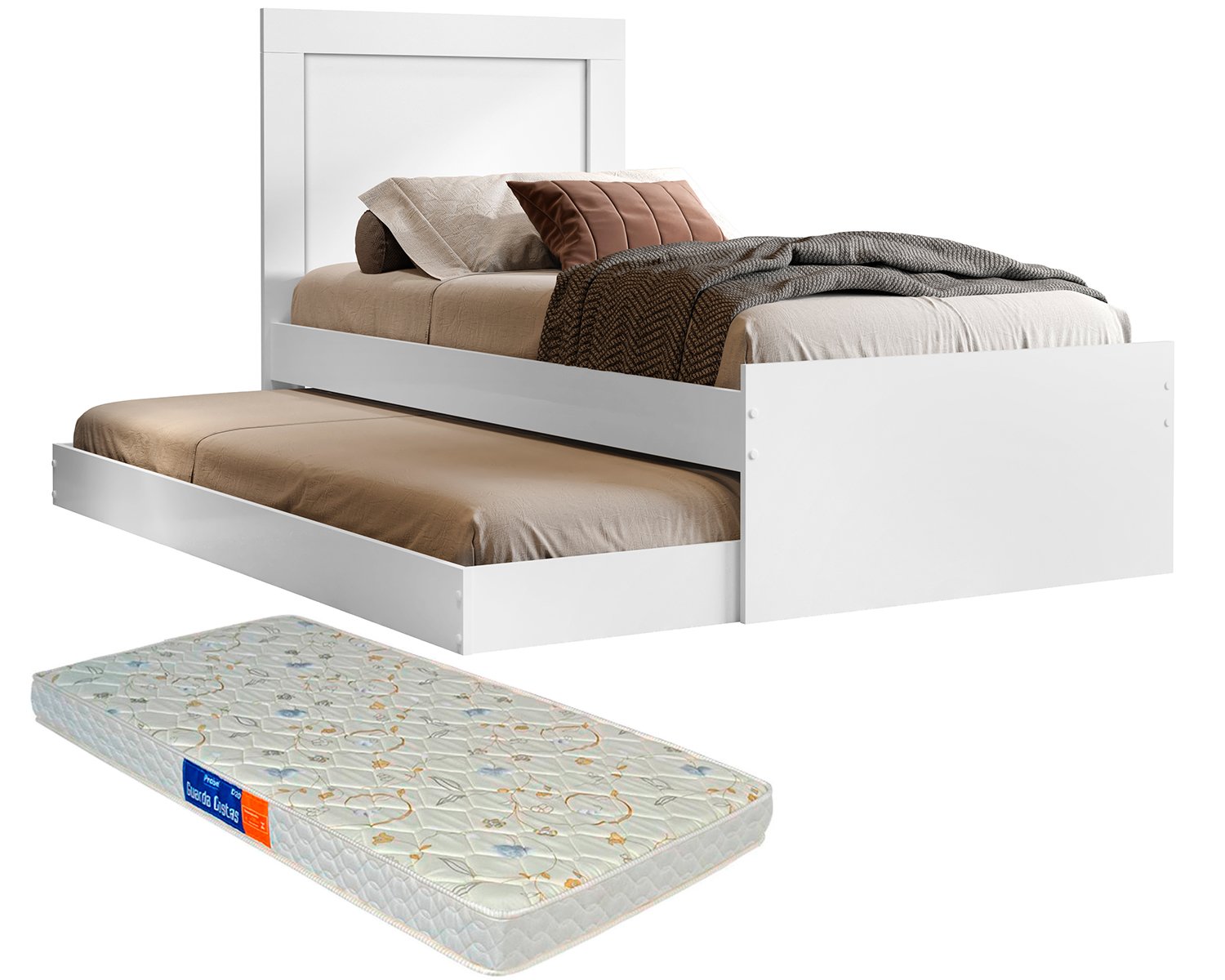 Bicama Solteiro Luara Com Colchão e Cama Auxiliar Branco | MadeiraMadeira