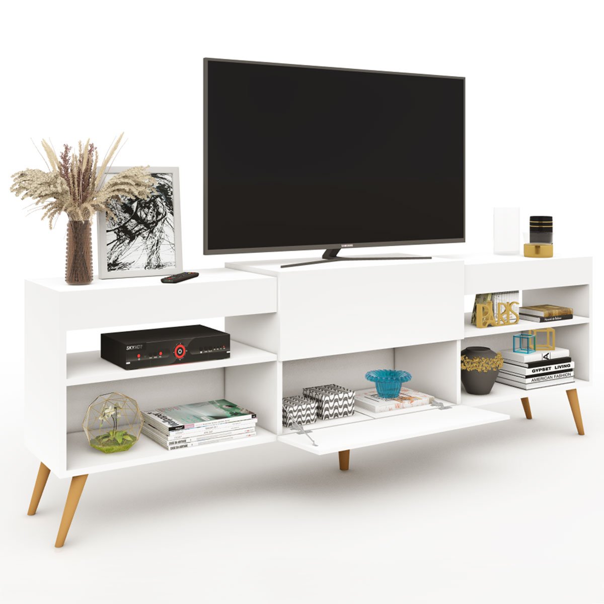 Rack para TV Até 55 Polegadas Roma 1 Porta 2 Prateleiras Branco Fosco ...