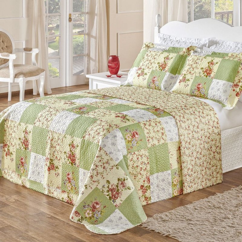 Kit Colcha Casal Bouti Patchwork Verde 3 Peças Dupla Face | MadeiraMadeira
