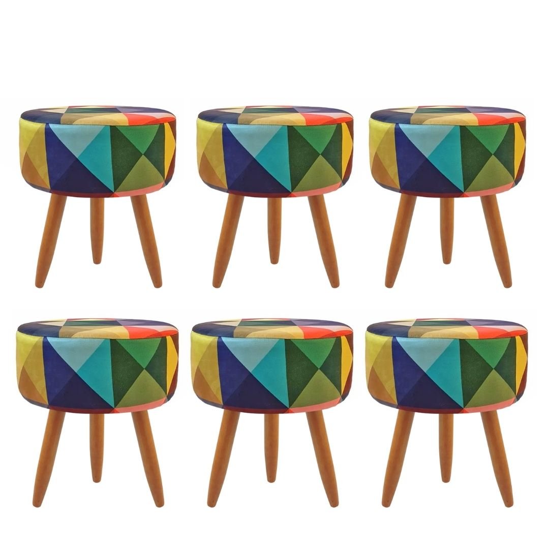 Combo 6 Puffs decorativos redondo pé palito-Triangulo colorido ...