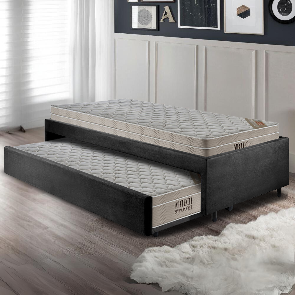 Bicama Box Solteiro Suede Preto 88x188 com Dois Colchões Airtech Molas ...