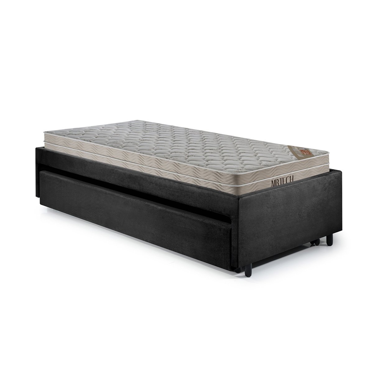 Bicama Box Solteiro Suede Preto 88x188 com Dois Colchões Airtech Molas ...