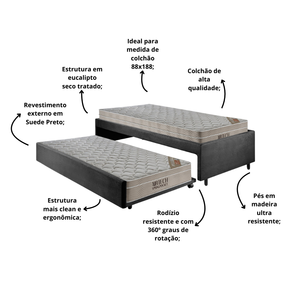 Bicama Box Solteiro Suede Preto 88x188 com Dois Colchões Airtech Molas ...