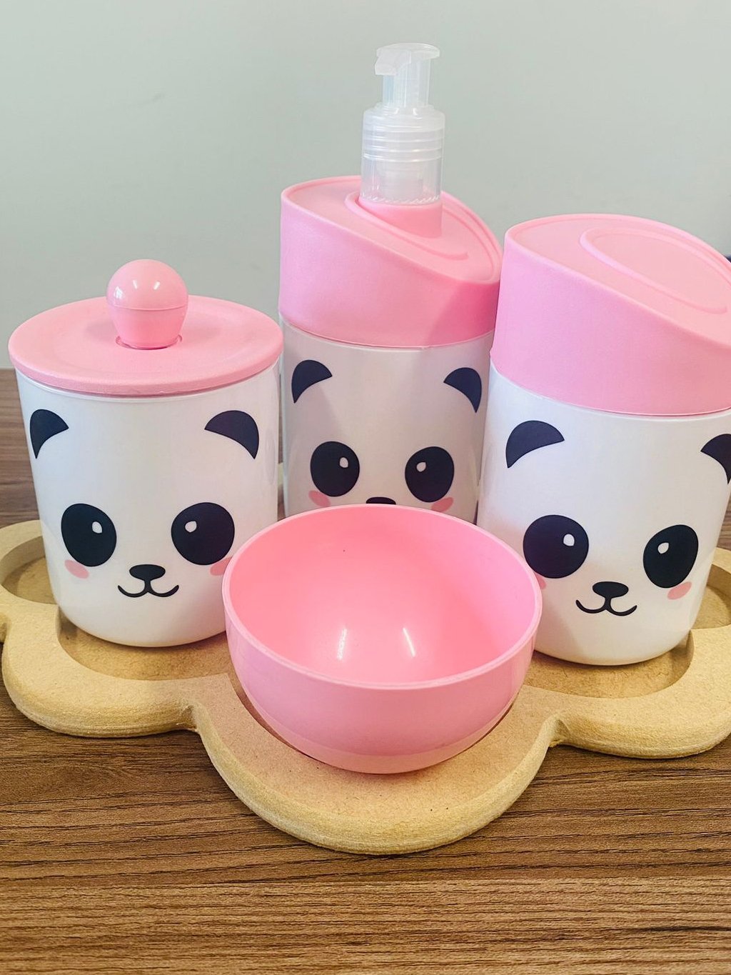 Kit Higiene Panda I Baby - Rosa C/bandeja Nuvem Crua | MadeiraMadeira