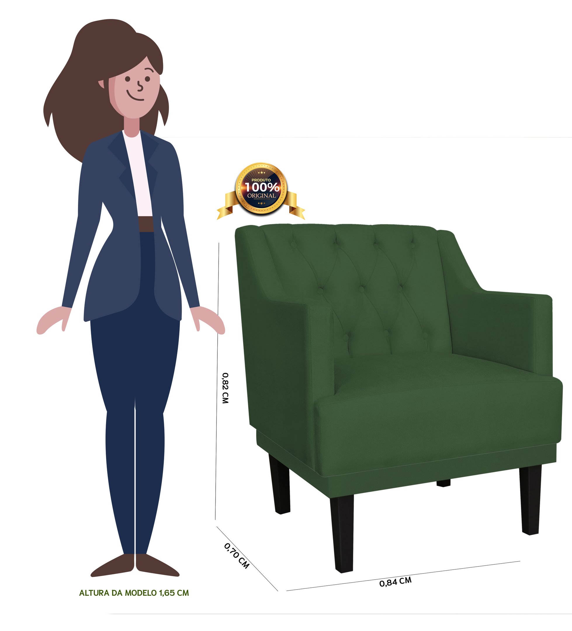 Poltrona Decorativa Alice Suede Verde Pés Madeira Mz Decor | MadeiraMadeira