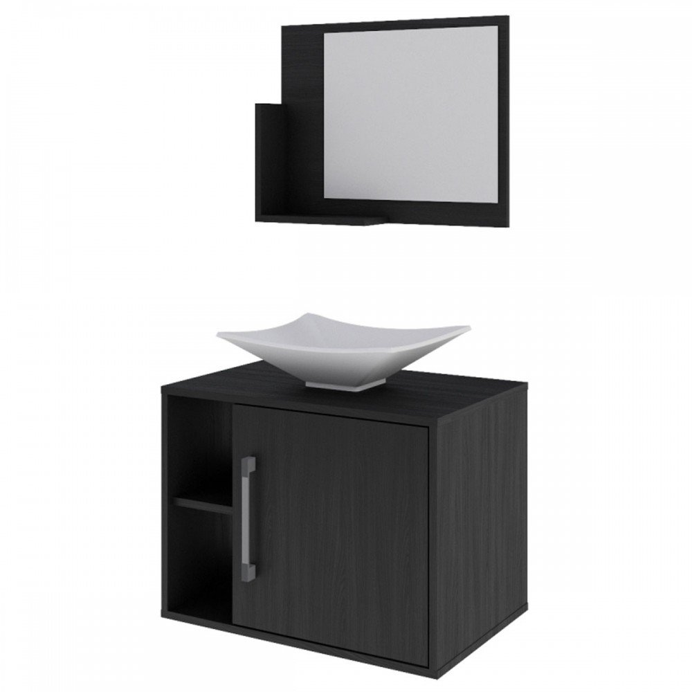 Armário de Banheiro com Cuba e Espelho 1 Porta 2 Prateleiras Preto ônix 13689 - Compace ...