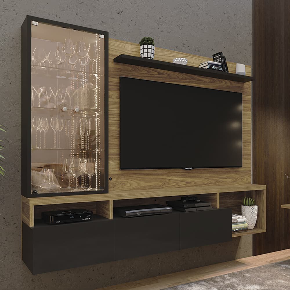 Painel Home Suspenso Para TV 70 Polegadas Wave Lâmina Mel Preto - Caemmun | MadeiraMadeira