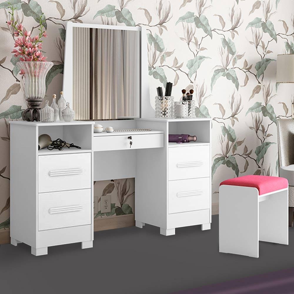 Penteadeira Com Espelho E Banqueta Em MDF Branco Fênix | MadeiraMadeira
