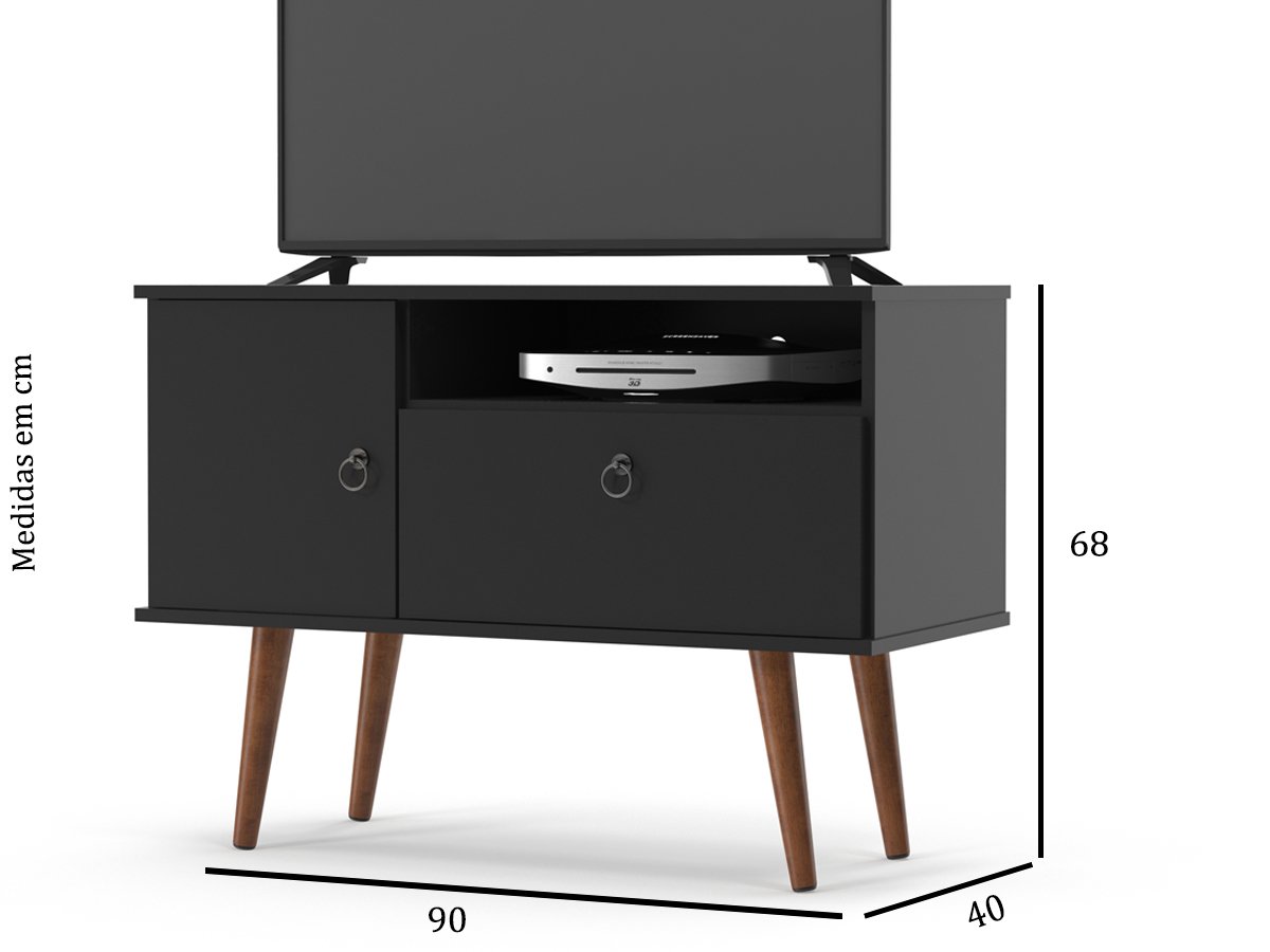 Rack Para TV 32 Polegadas Retrô com 2 Portas e Divisórias - Preto Acetinado | MadeiraMadeira