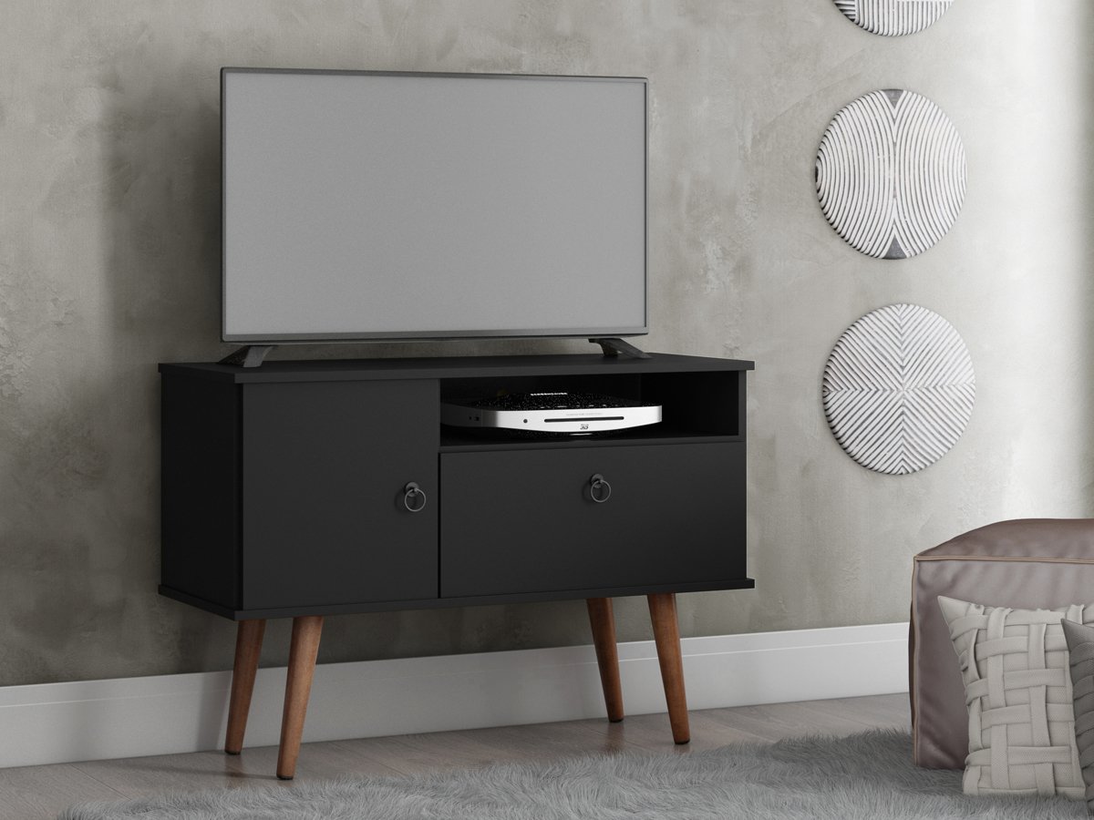 Rack Para TV 32 Polegadas Retrô com 2 Portas e Divisórias - Preto Acetinado | MadeiraMadeira