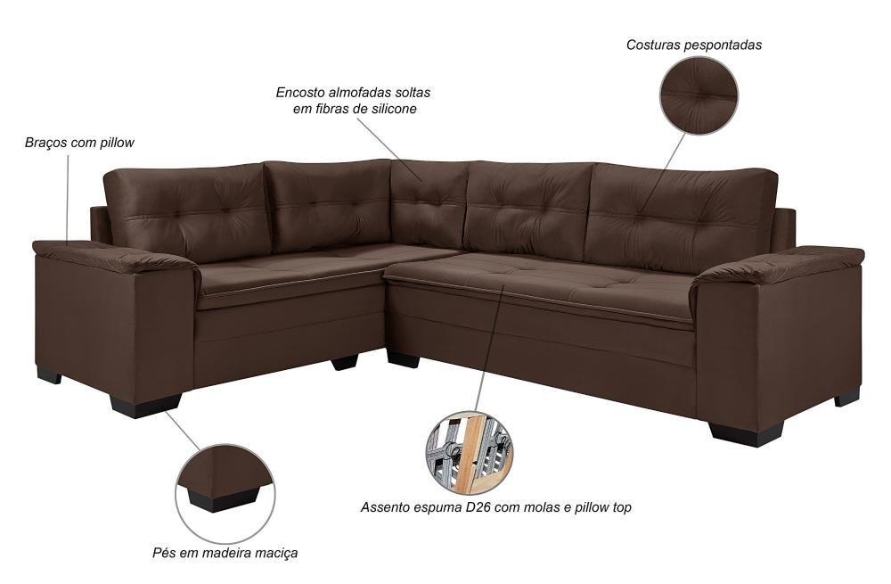 Sofá Viena Canto Suede Marrom Confortável Plus Império Estofados | MadeiraMadeira