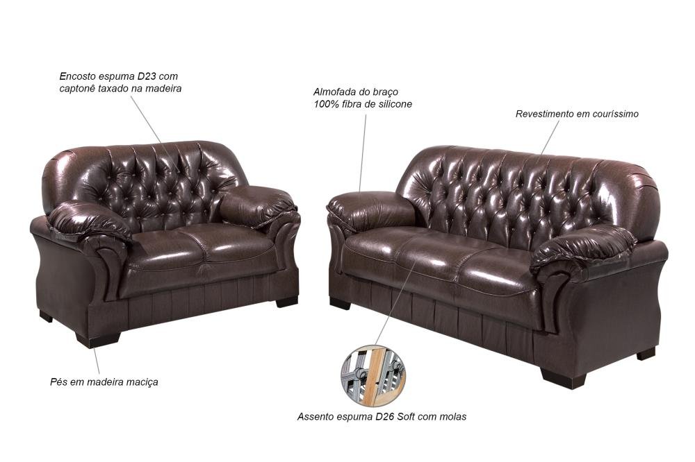 Sofá Rei Conjunto 2 e 3 Lugares Couríssimo Capitonê Marrom 850 Império Estofados | MadeiraMadeira