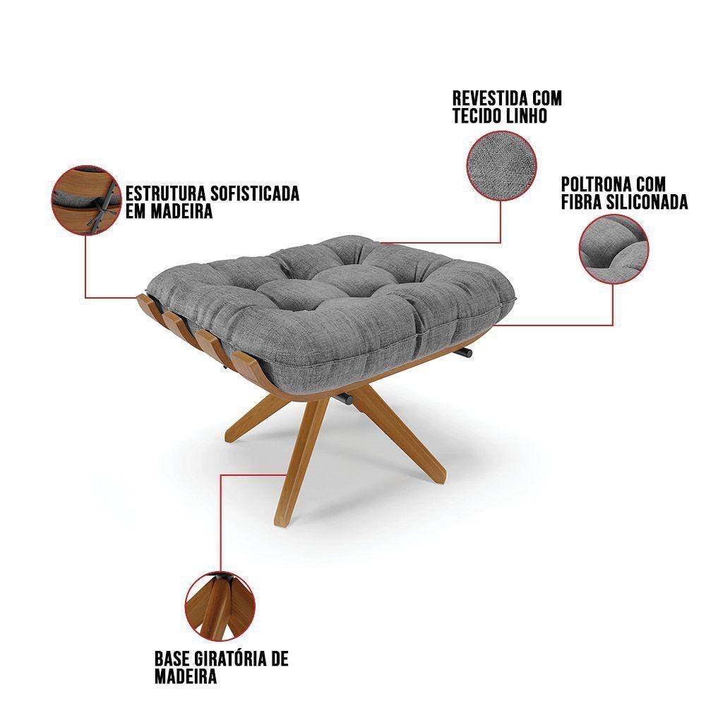 Kit 01 Poltrona e 1 Puff Giratório Costela Linho A26 Grafite ...