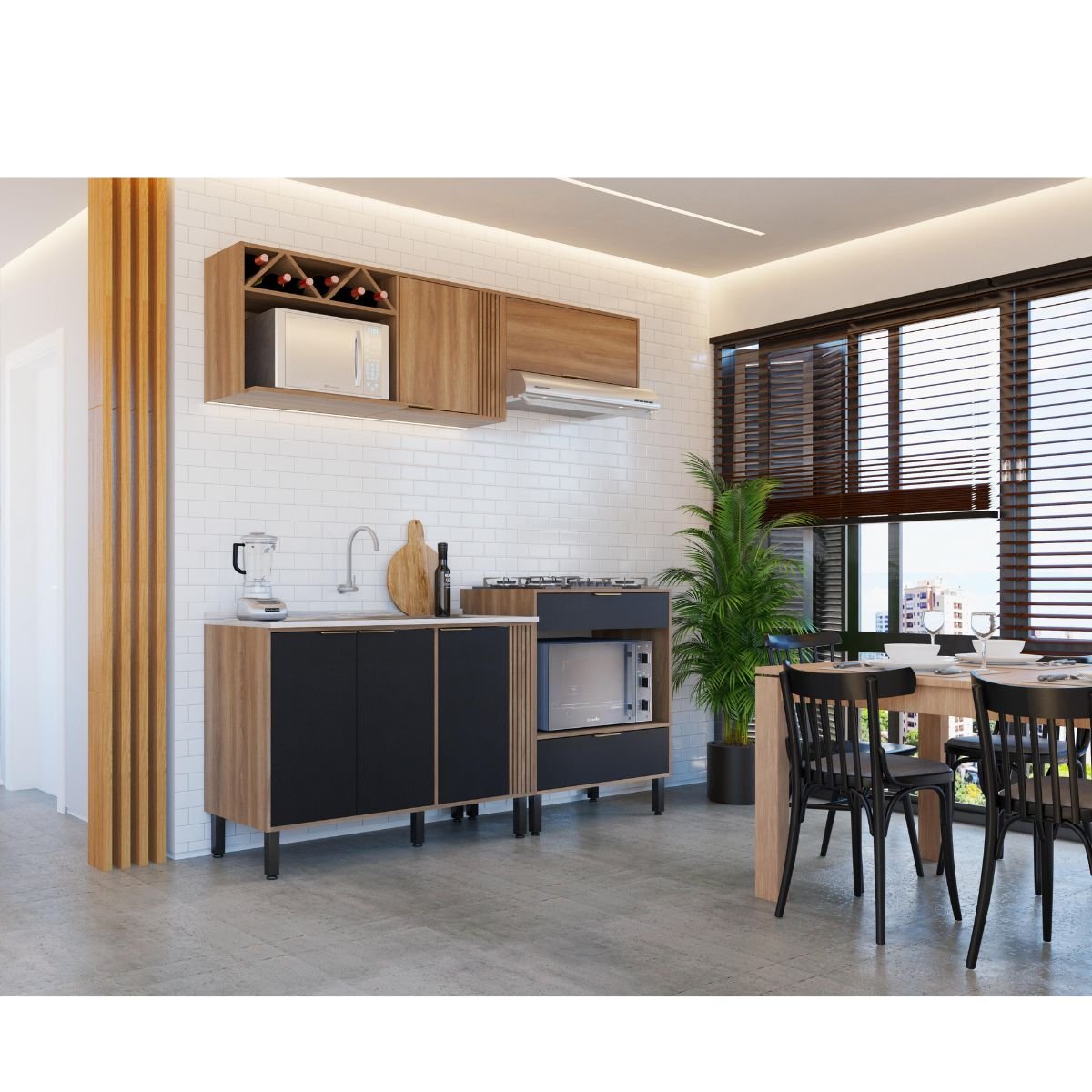 Cozinha Modulada 6 Portas Karina Nogal Preto- ALJ Móveis | MadeiraMadeira