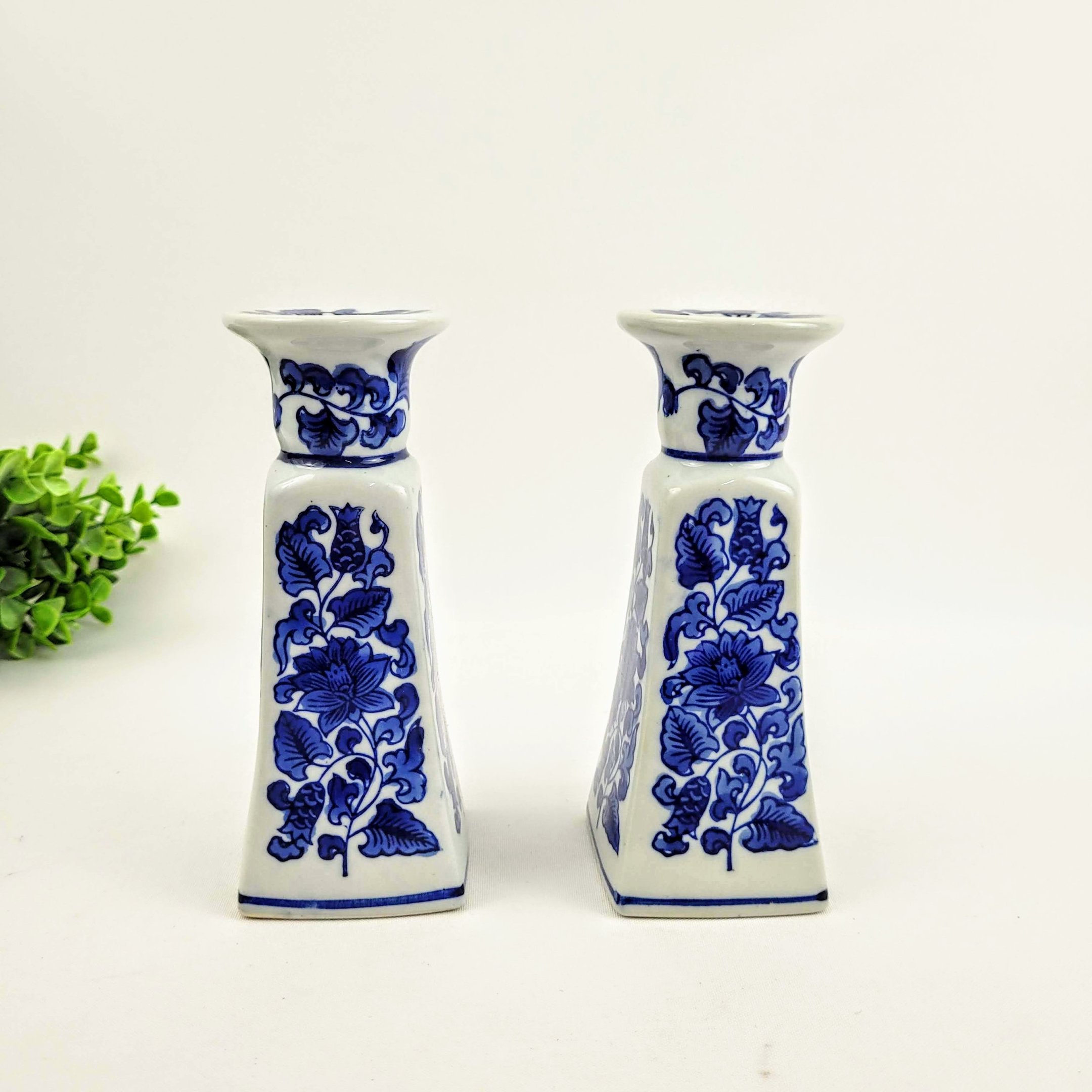 Castiçal Azul E Branco 15x6cm Candelabro Porcelana Kit 2pc | MadeiraMadeira
