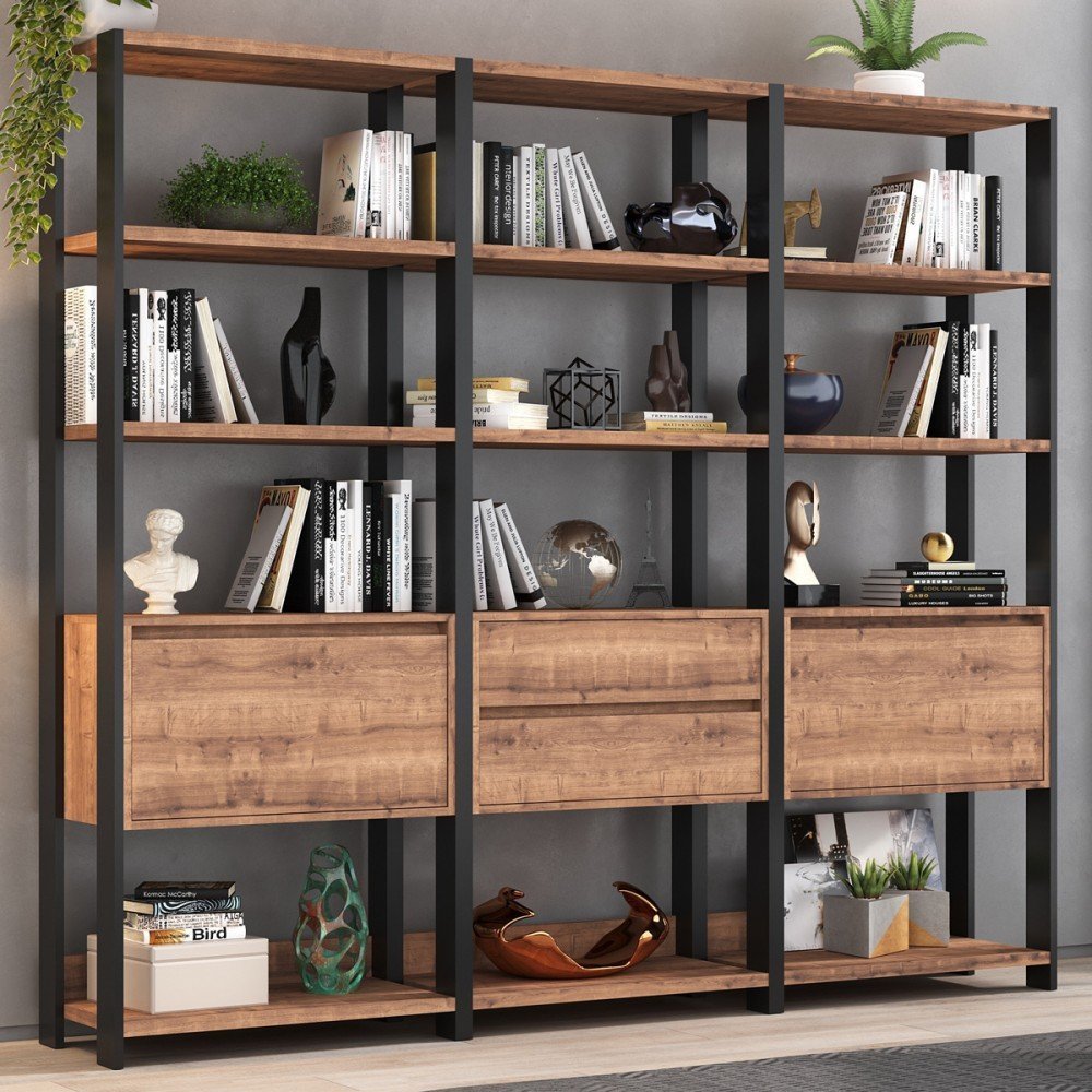 Estante para Livros Industrial 2 Portas 2 Gavetas Preto/Solanum ...