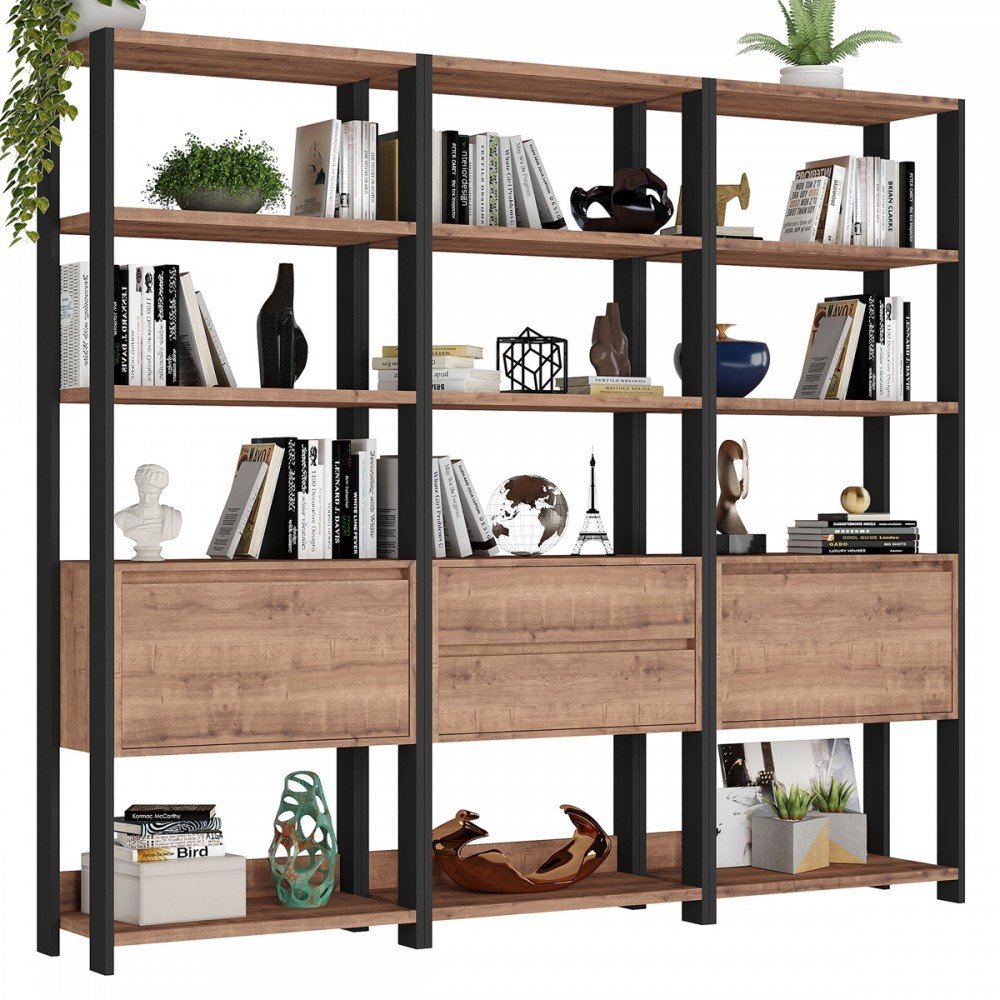 Estante para Livros Industrial 2 Portas 2 Gavetas Preto/Solanum ...