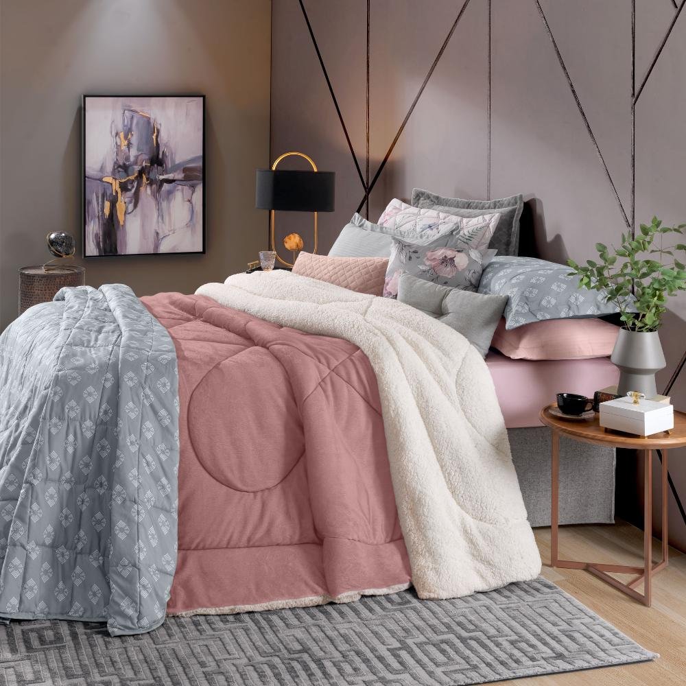 Edredom Plush Sherpa Liso Casal Queen Cor:Azaleia | MadeiraMadeira