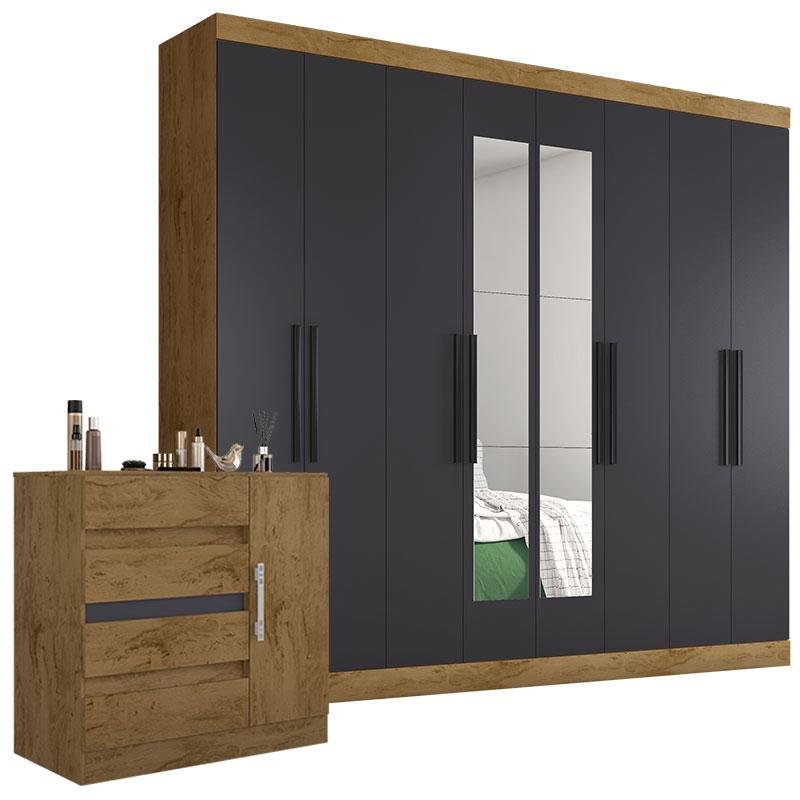 Guarda Roupa Casal 1684 com Espelho e Cômoda 8000 Freijó Carbono ...