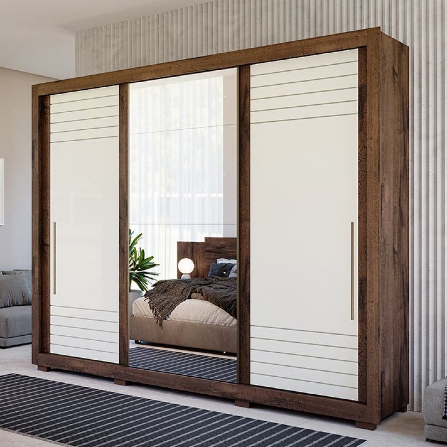 Guarda-Roupa Casal MDF 3 Portas de Correr Espelho 6 Gavetas Internas e ...